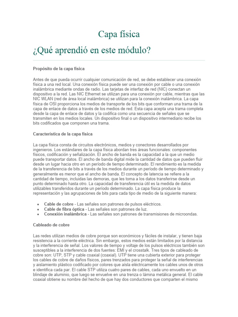 Capa Física | PDF | Cable coaxial | Red de computadoras