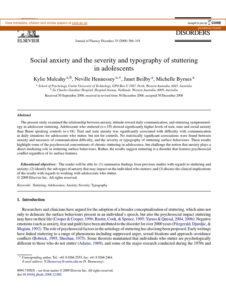 Social Anxiety and The Severity and Typography of Stuttering in ...