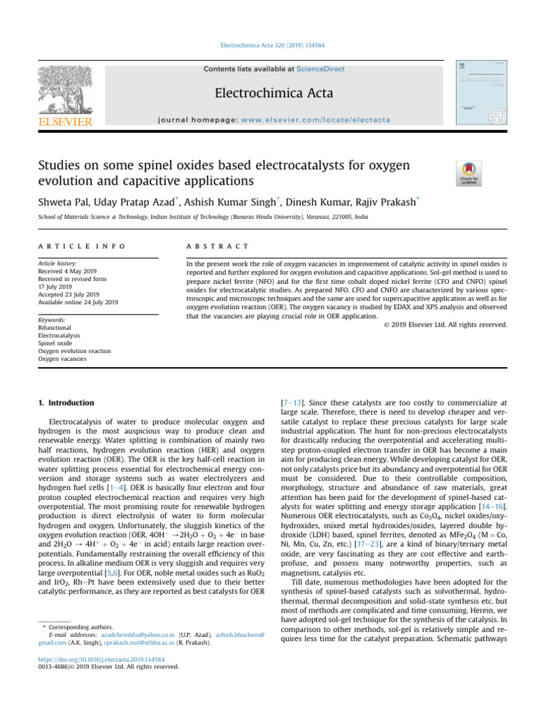 Electrochimica Acta: Shweta Pal, Uday Pratap Azad, Ashish Kumar Singh, Dinesh Kumar, Rajiv ...