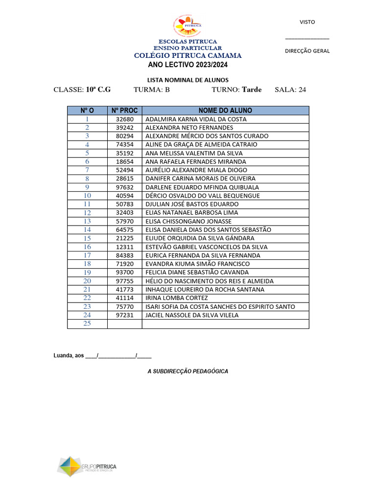 Lista Nominal 10 Classe A-B C. Gestão | PDF