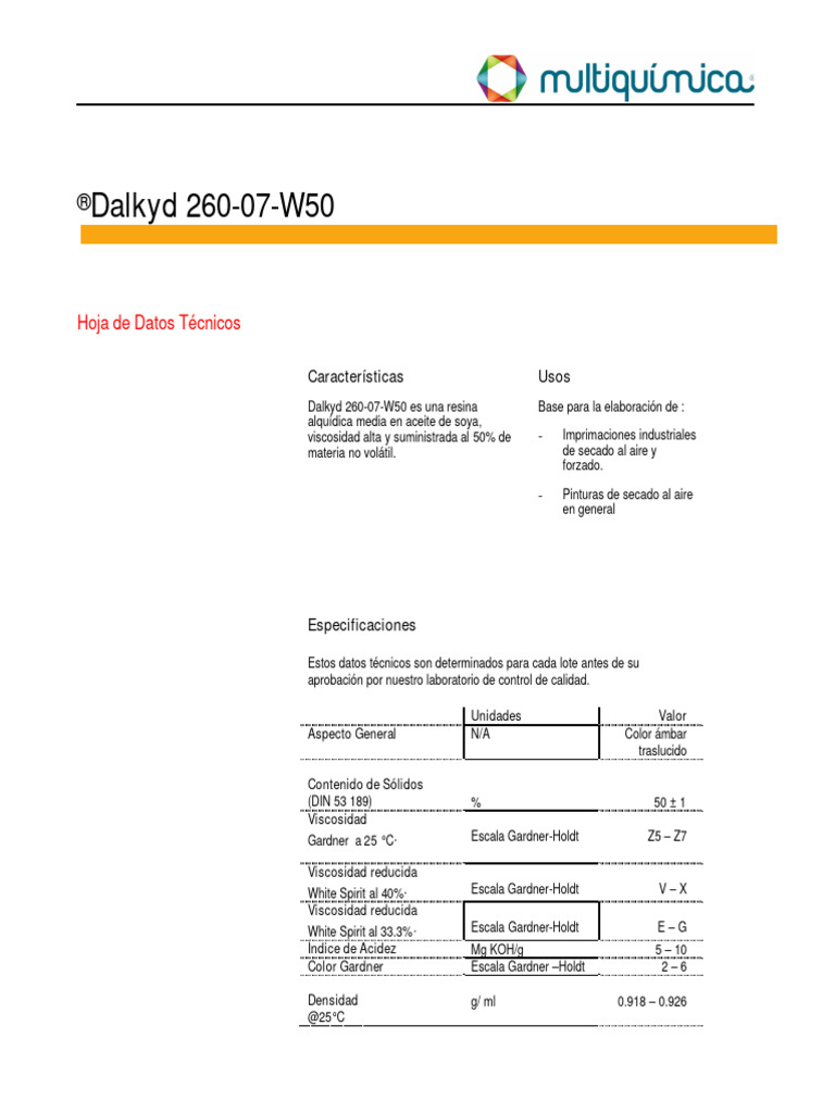 Dalkyd 260-07-W50: Hoja de Datos Técnicos | PDF | Petróleo | Ciencias fisicas