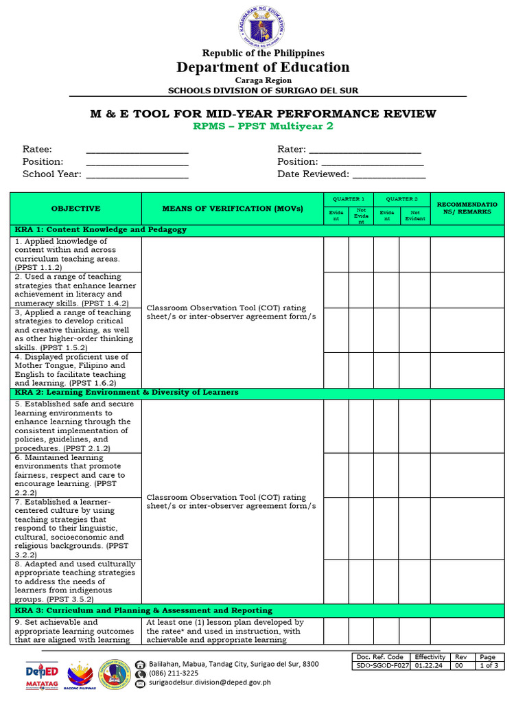 Mid-Year Performance Review Tool | PDF | Learning | Lesson Plan