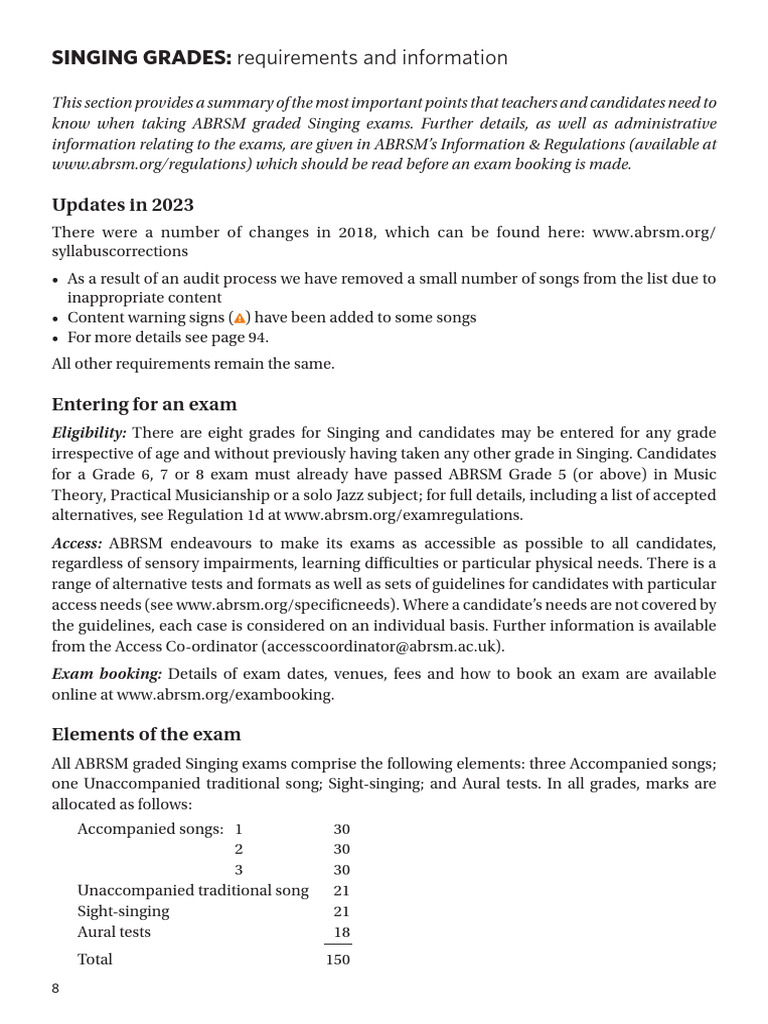 Singing Practical Grades Qualification Specification - 0 | PDF | Songs ...