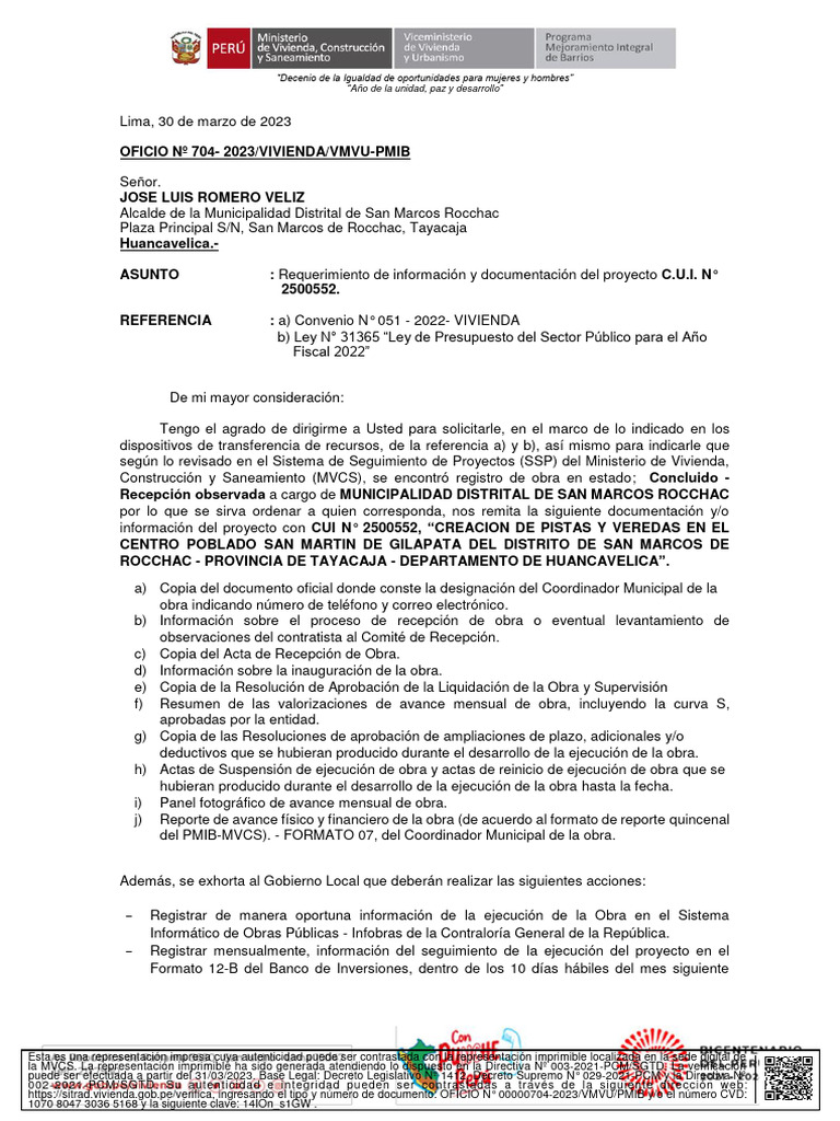 Oficio N 704 - 2023-Pmib | PDF