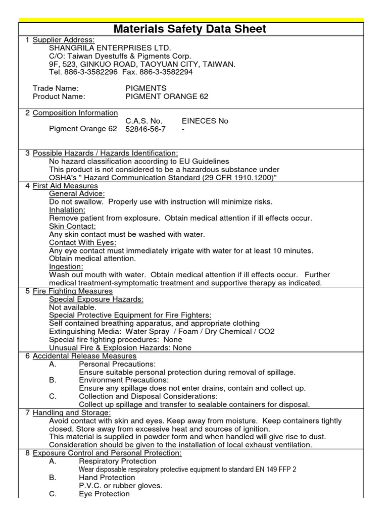 MSDS-Pigment Orange 62 | PDF | Dangerous Goods | Firefighting
