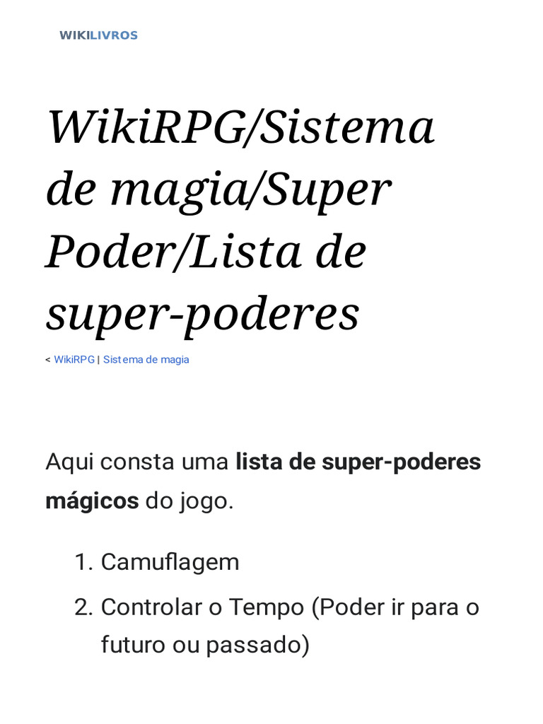 WikiRPG_Sistema de Magia_Super Poder_Lista de Super-poderes - Wikilivros | PDF
