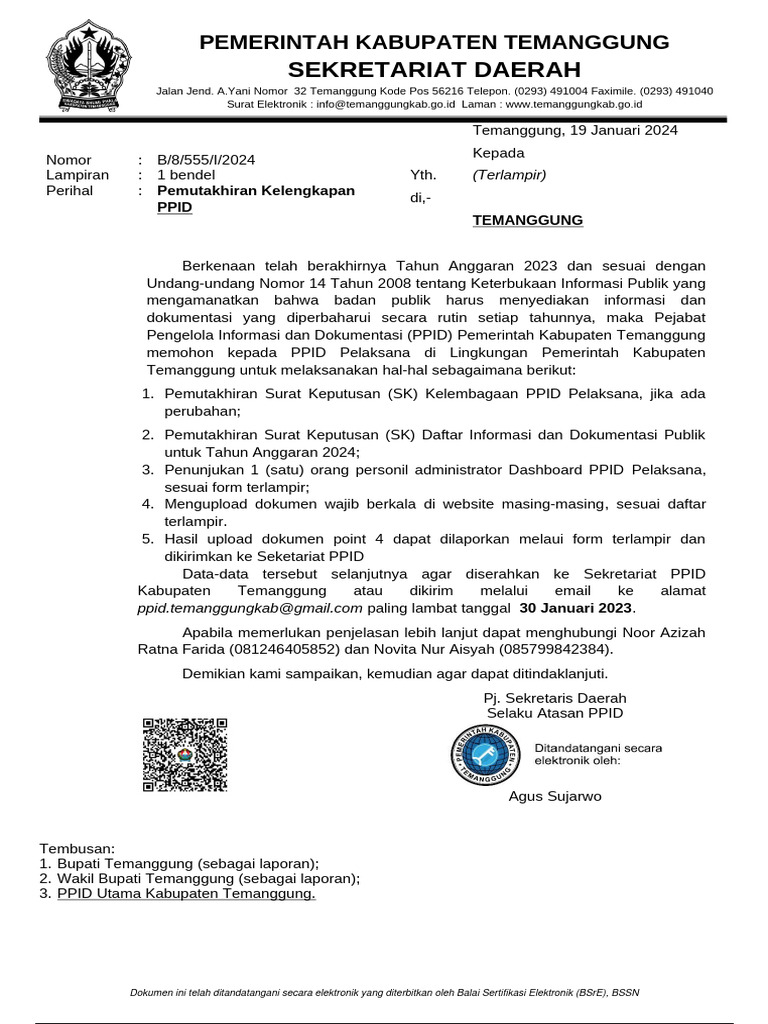 Surat Sekda Permohonan Pemutakhiran Dan Kelengkapan PPID Pelaksana 2024 | PDF