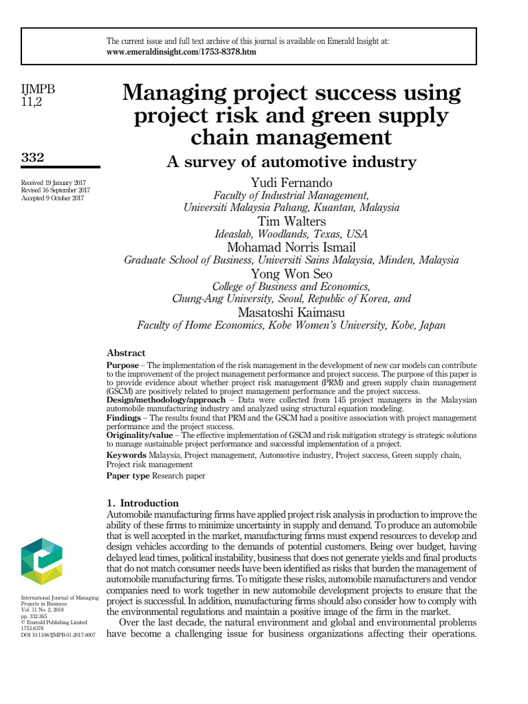 Managing Project Success Using Project Risk and Green Supply Chain Management A Survey of ...
