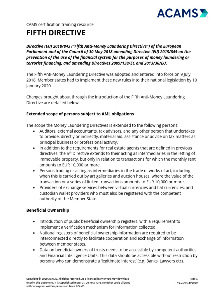 ACAMS CAMS Certification Training Resource - EU 5MLD v1.01 04SEP2020 ...