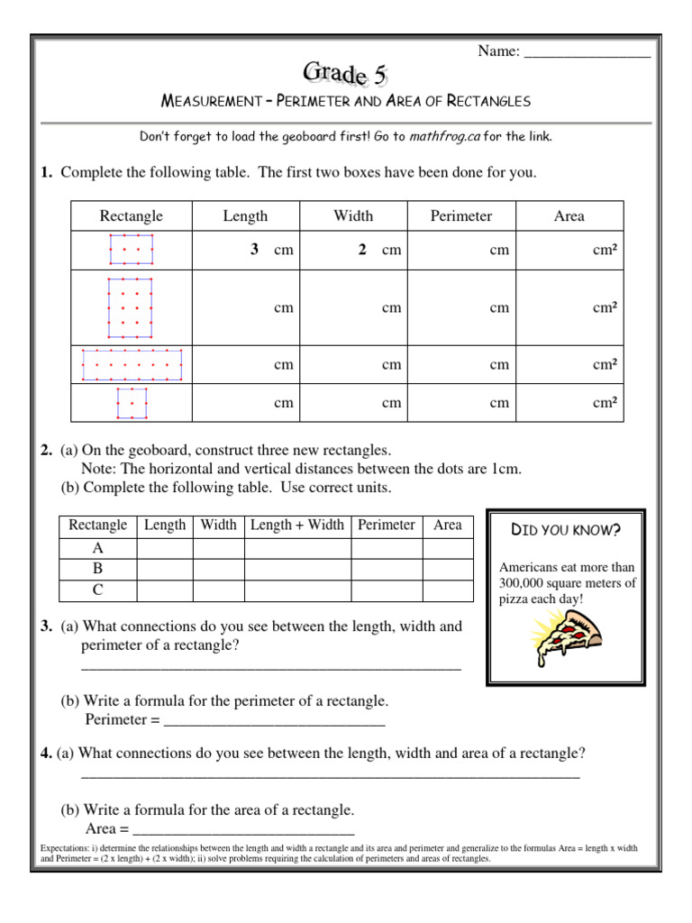 Area and Perimeter of Rectangles Worksheet | PDF | Area | Length