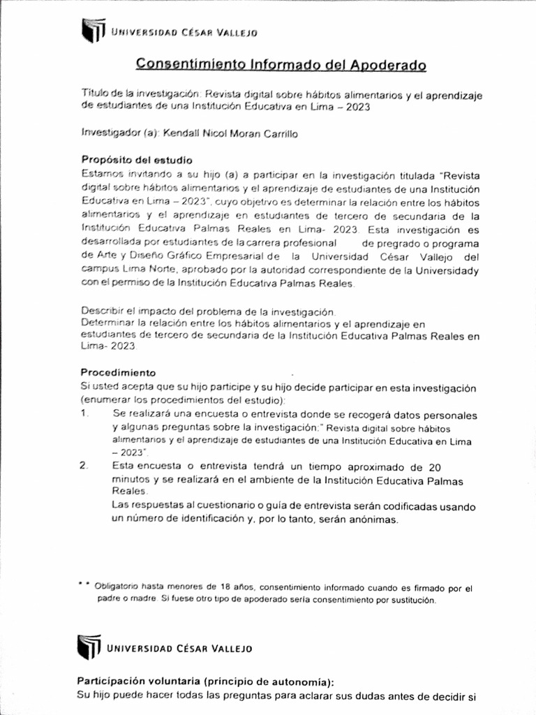 Consentimiento Informado Del Apoderado | PDF