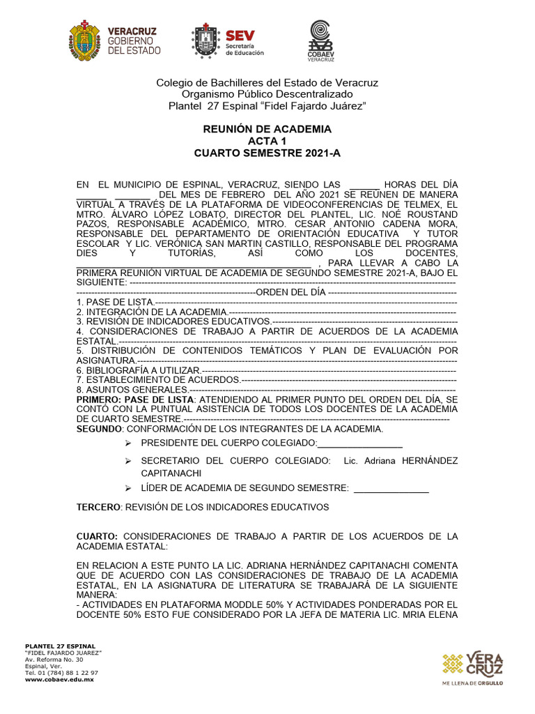 Formato Acta de Academia Segundo Semestre 2021-A | PDF