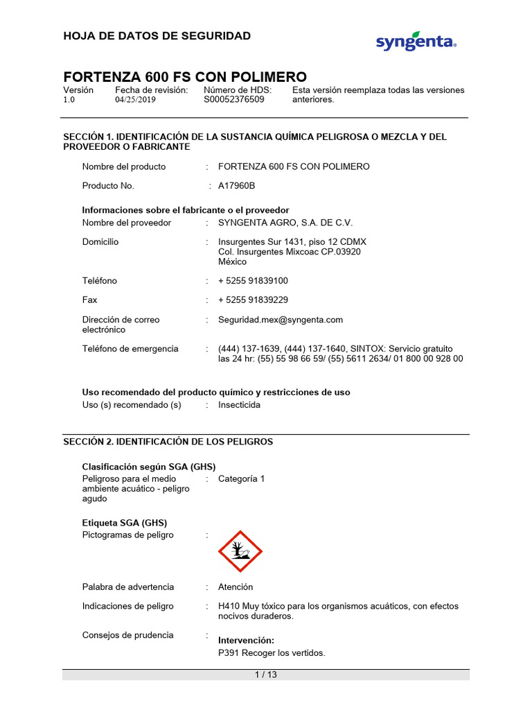 Hojadeseguridad Fortenza 600 Fs Con Polimero | PDF | Solvente | Trucha