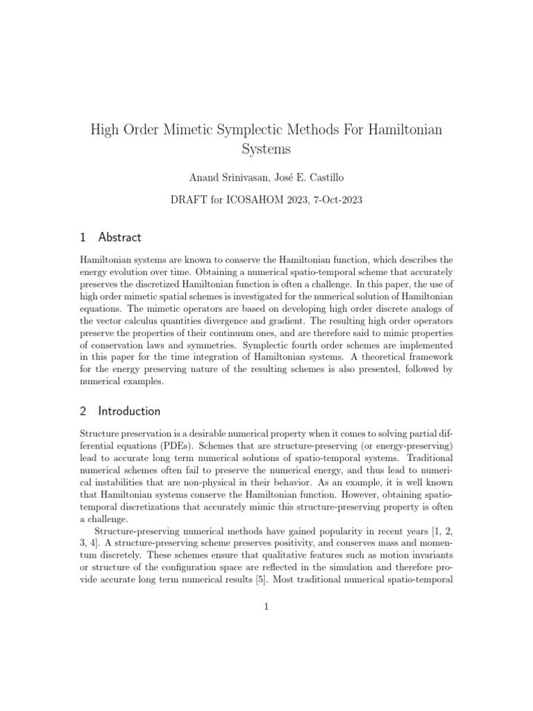 High Order Mimetic Symplectic Methods For Hamiltonian | PDF | Hamiltonian Mechanics | Partial ...