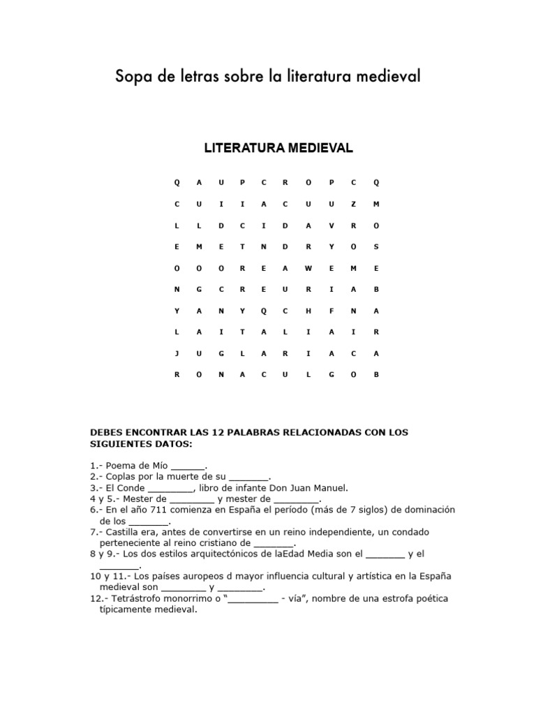Sopa de letras literatura medieval. Rosa | PDF