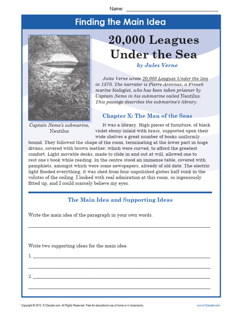 Main Idea Worksheets - 20,000 Leagues Under The Sea | PDF | Twenty ...