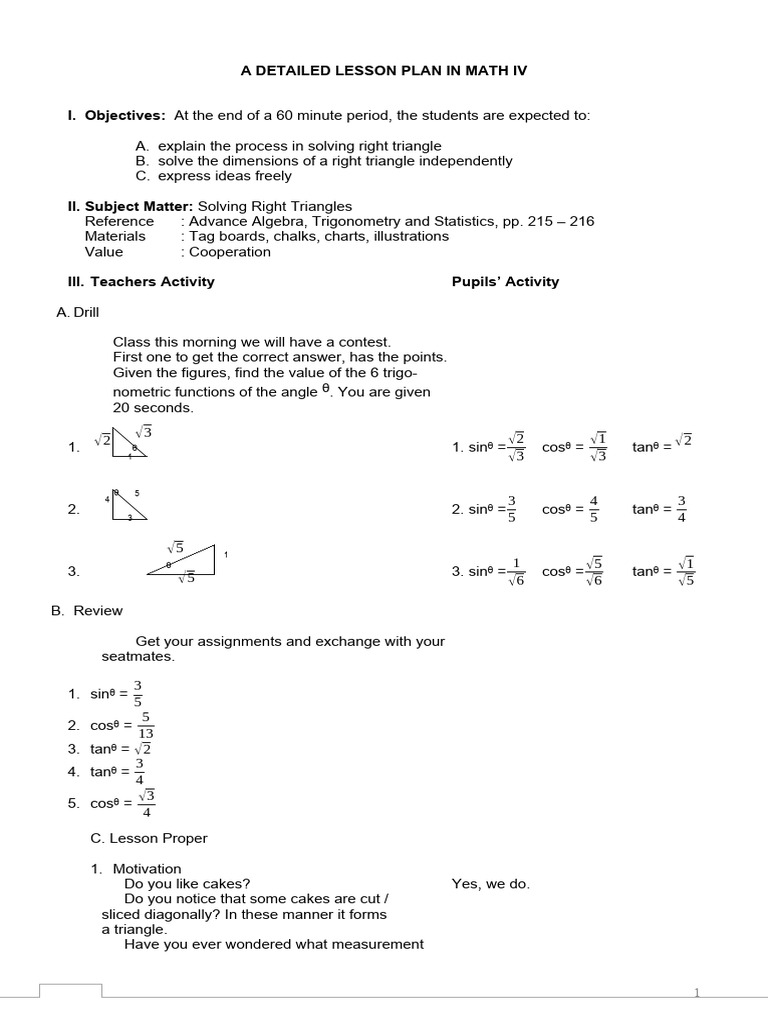 Solving Right Triangles Lesson Plan | PDF | Triangle | Mathematical Objects