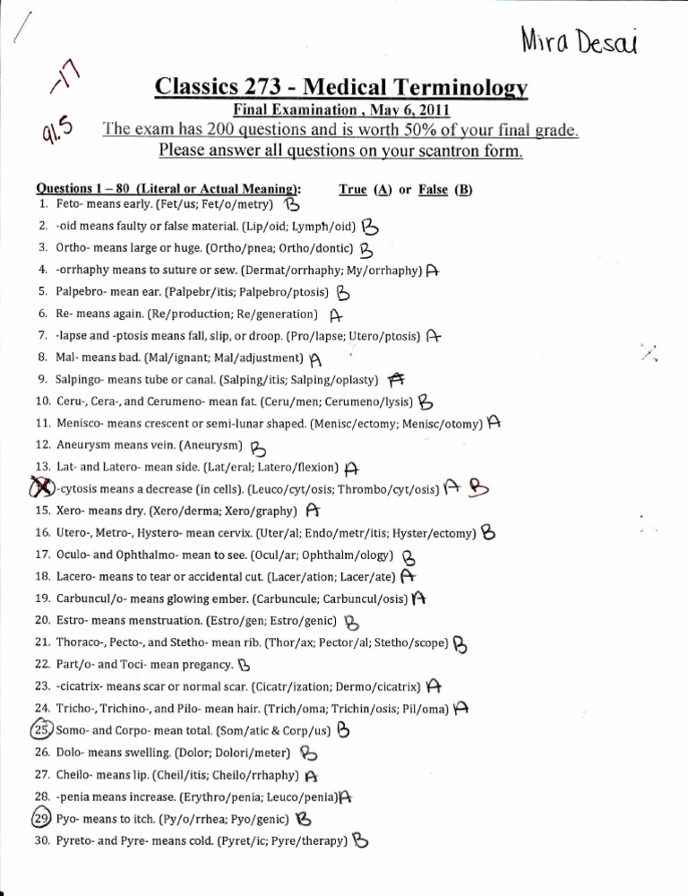 Medical Terminology Cummulative Final Exam