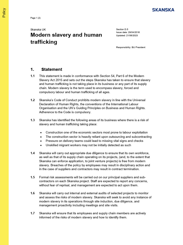 Modern Slavery and Human Trafficking Statement | PDF | Supply Chain ...