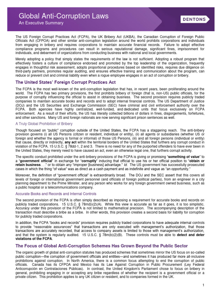 Global AntiCorruption Laws Dentons | PDF | Bribery | Corruption