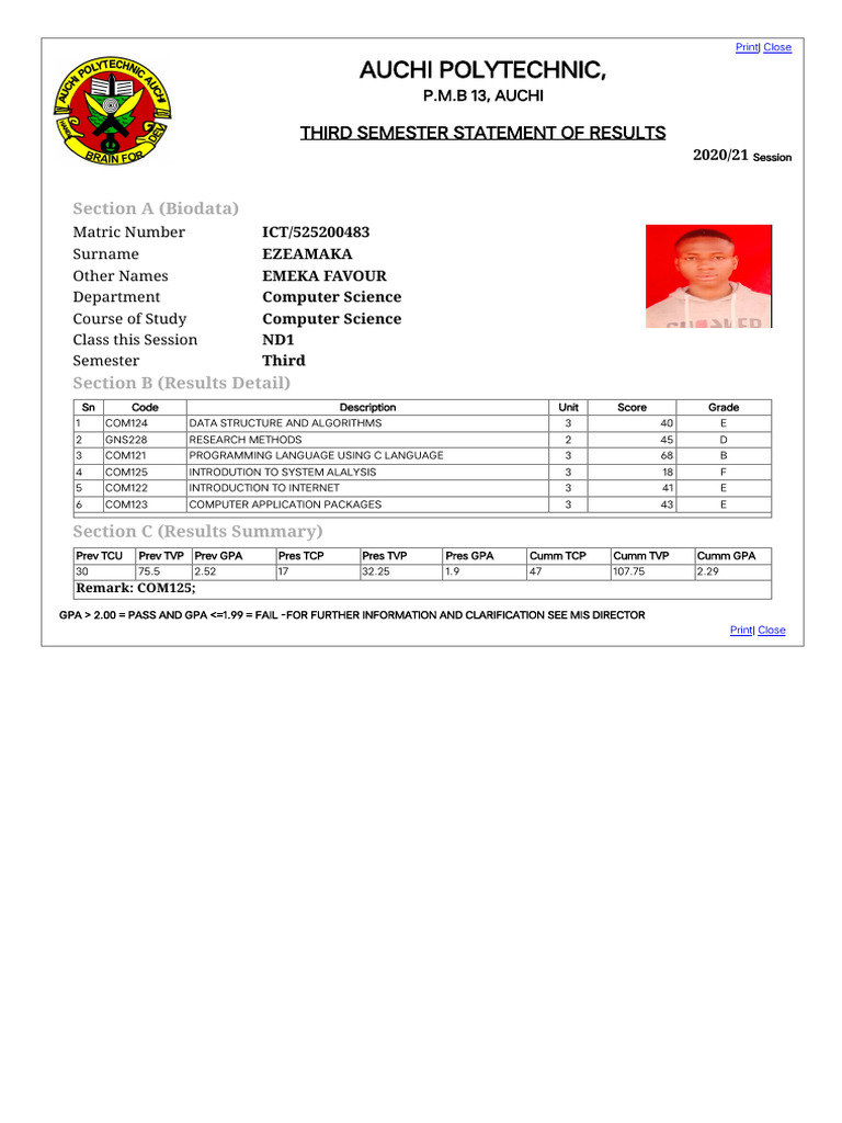 Auchi Poly ND1 3rd Semester Result | PDF