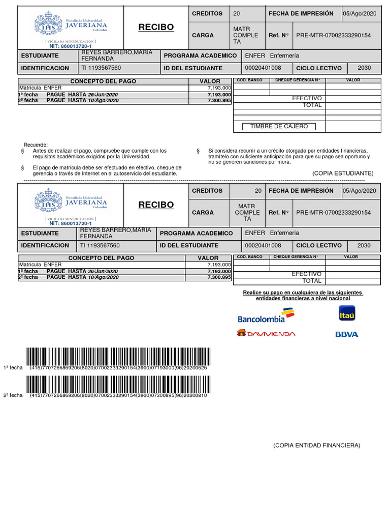 Recibo de Pago Javeriana | PDF | Bancos | Economía Financiera