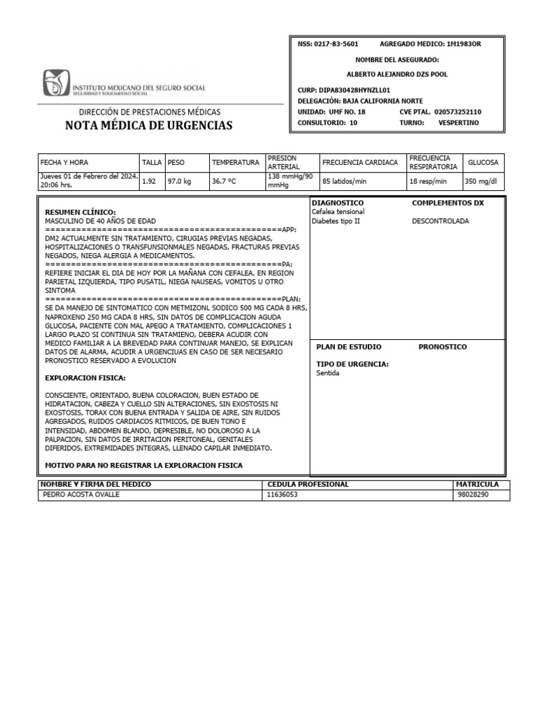Nota Médica de Urgencias: Ejemplo IMSS | PDF | Dolor de cabeza | Medicina