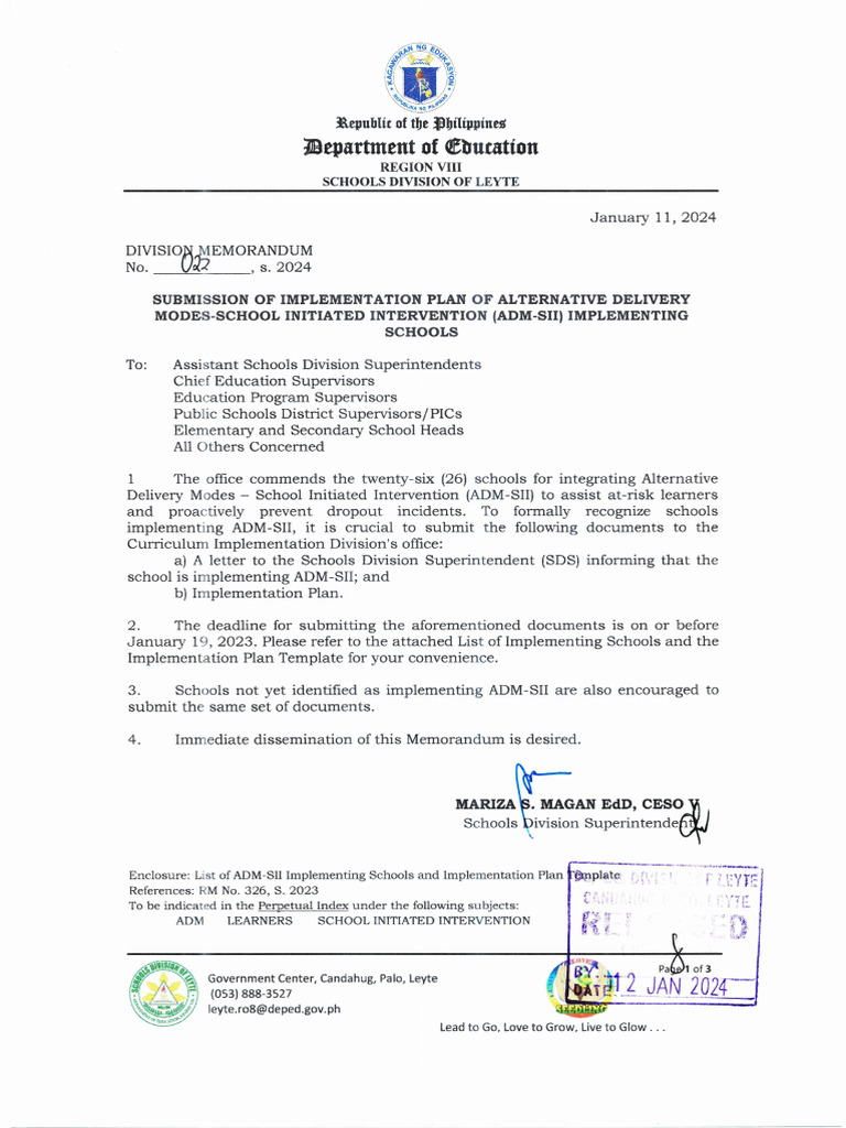 DM No. 022, S. 2024 Submission of Implementation Plan of Alternative ...