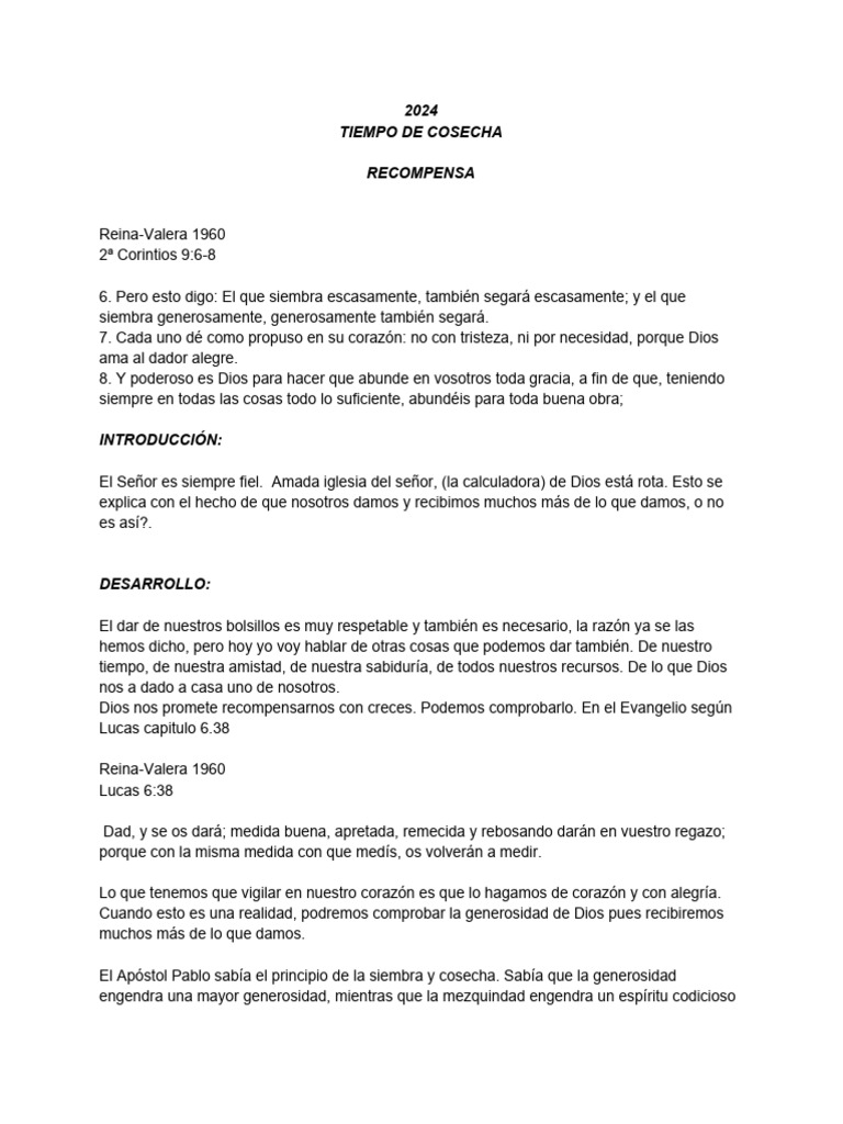 2024 Tiempo de Cosecha Recompensa | PDF | Jesús | Dios