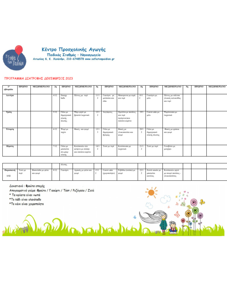 ΜΗΝΙΑΙΟ ΠΡΟΓΡΑΜΜΑ ΔΙΑΤΡΟΦΗΣ ΔΕΚΕΜΒΡΙΟΣ 2023 | PDF