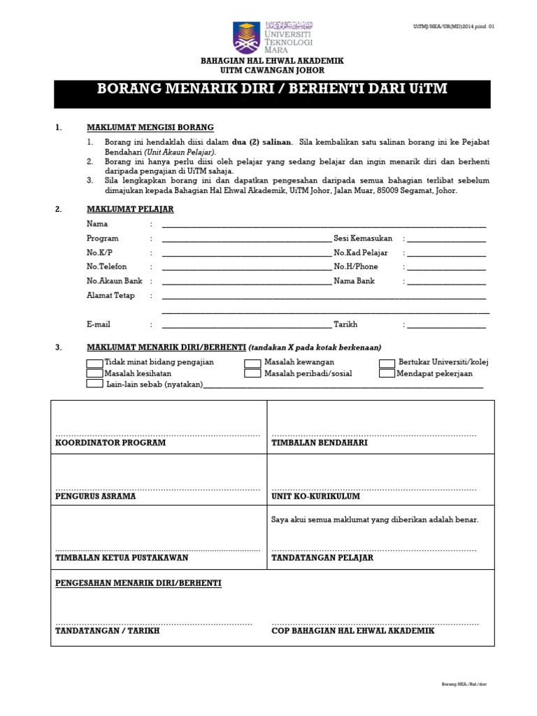 Borang Menarik Diri Dari UiTM - Update | PDF