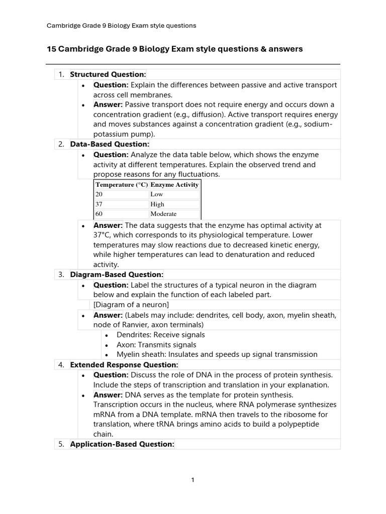 15 Cambridge Grade 9 Biology Exam style questions | PDF | Cell (Biology ...