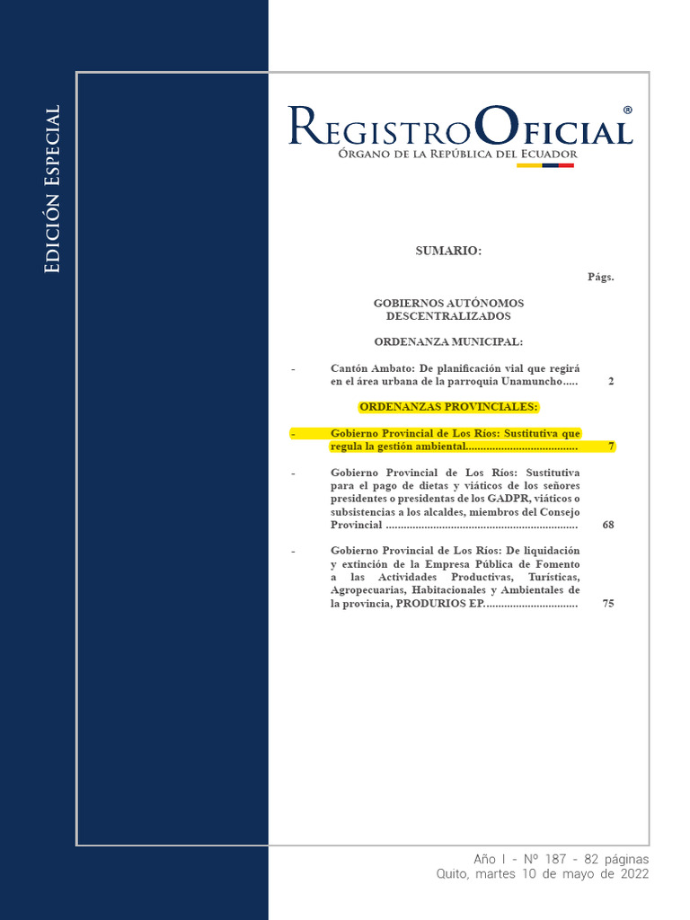 Ordenanza Prov Los Rios Gestion Ambiental Ro Ee 187 2022 | PDF