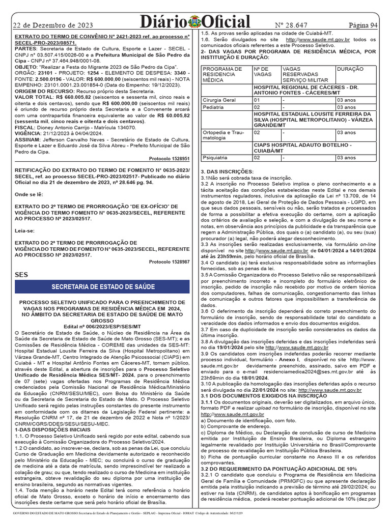 Edital n006 2023 Esp Ses MT Residencias Medicas Ses 2024 (150 150124 SES MT) . | PDF | Remédio ...