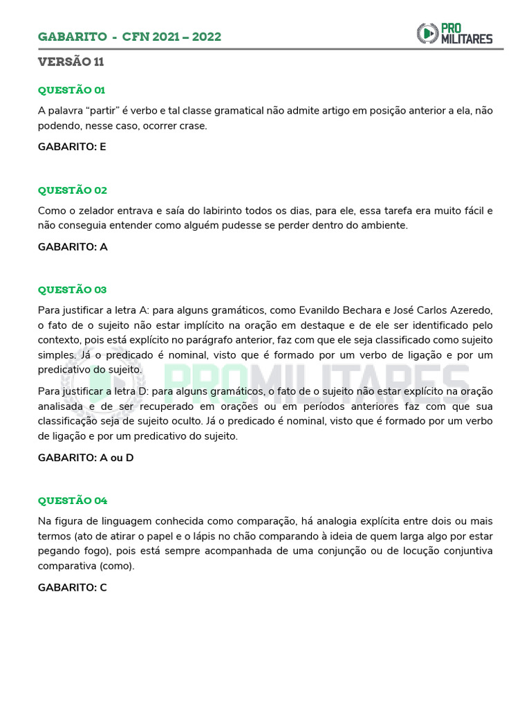 Gabarito Comentado CFN 2021 22 | PDF | Assunto (gramática) | Mecânica da linguagem