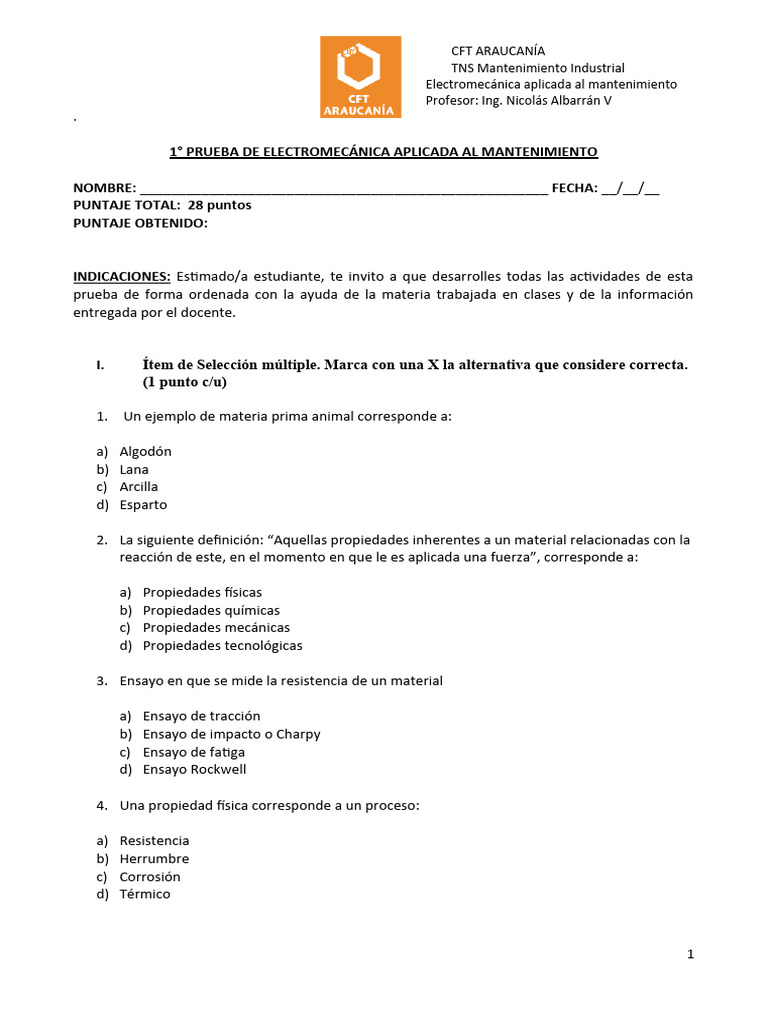 1 PRUEBA Hito 1 Electromecanica | PDF | Ductilidad | Deformación (ingeniería)