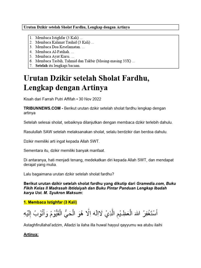 Urutan Dzikir Setelah Sholat Fardhu | PDF