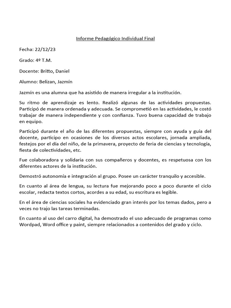 Informe Pedagógico Individual Final 4° Grado 2023 | PDF | Maestros ...