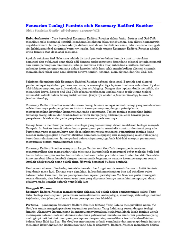 Teologi Feminis Radford Ruether | PDF | Filsafat | Agama & Spiritualitas