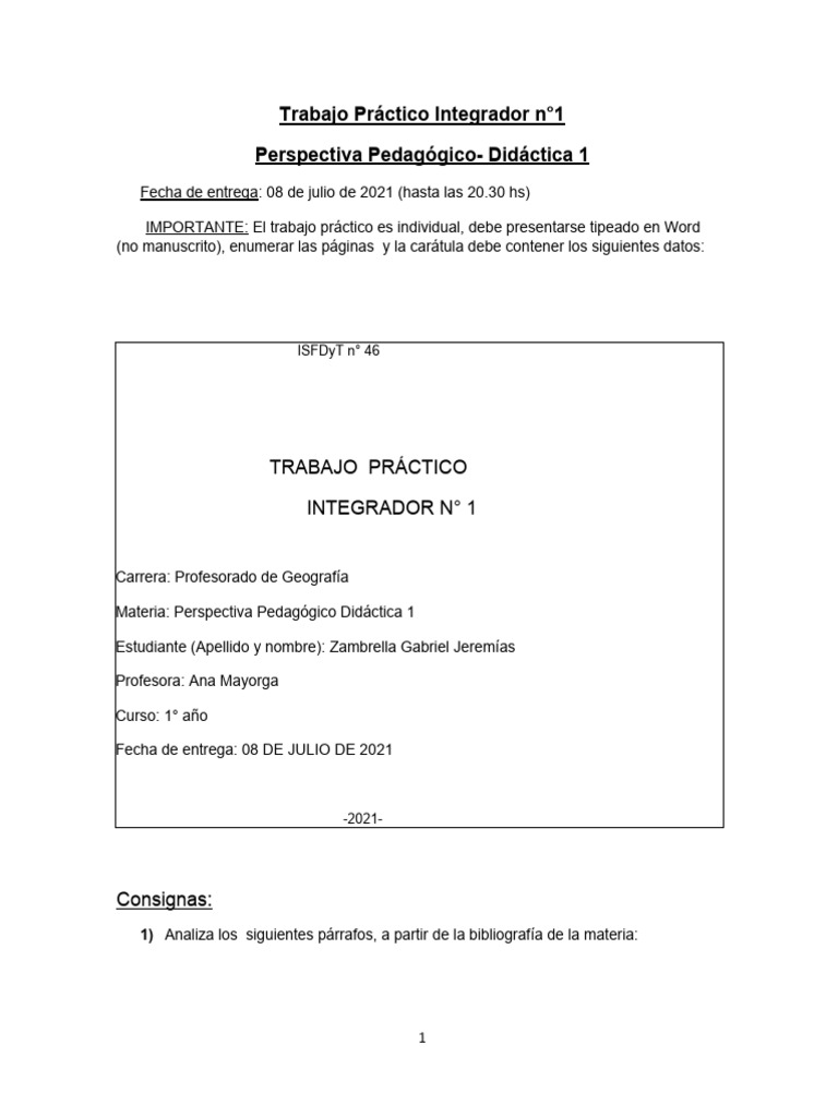 Trabajo Practico N°1 Didactica | PDF | Enseñando | Aprendizaje