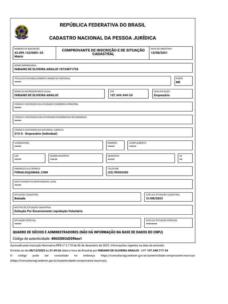 Comprovante de CNPJ: Fabiano Araujo | PDF | Brasil