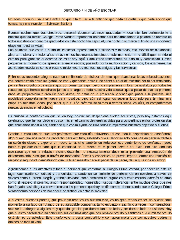 Discurso Fin De Año Escolar Pdf