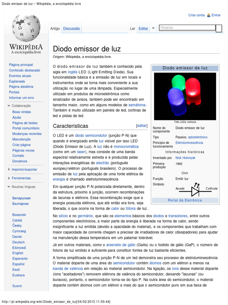 Diodo Emissor de Luz Wikipedia A Enciclopedia Livre | PDF | Diodo emissor de luz | Eletromagnetismo
