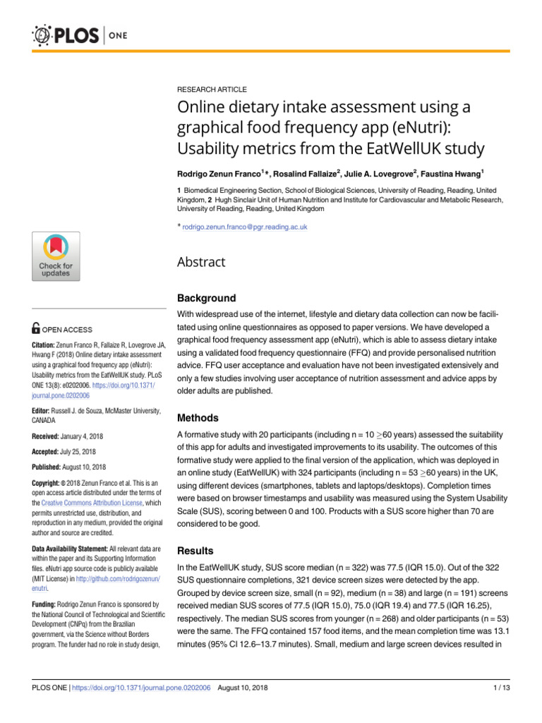 Online Dietary Intake Assessment Using | Download Free PDF | Usability ...