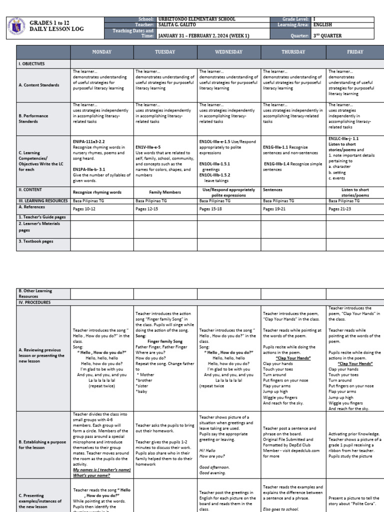 DLL - English 1 - Q3 - W1 | PDF | Learning | Literacy