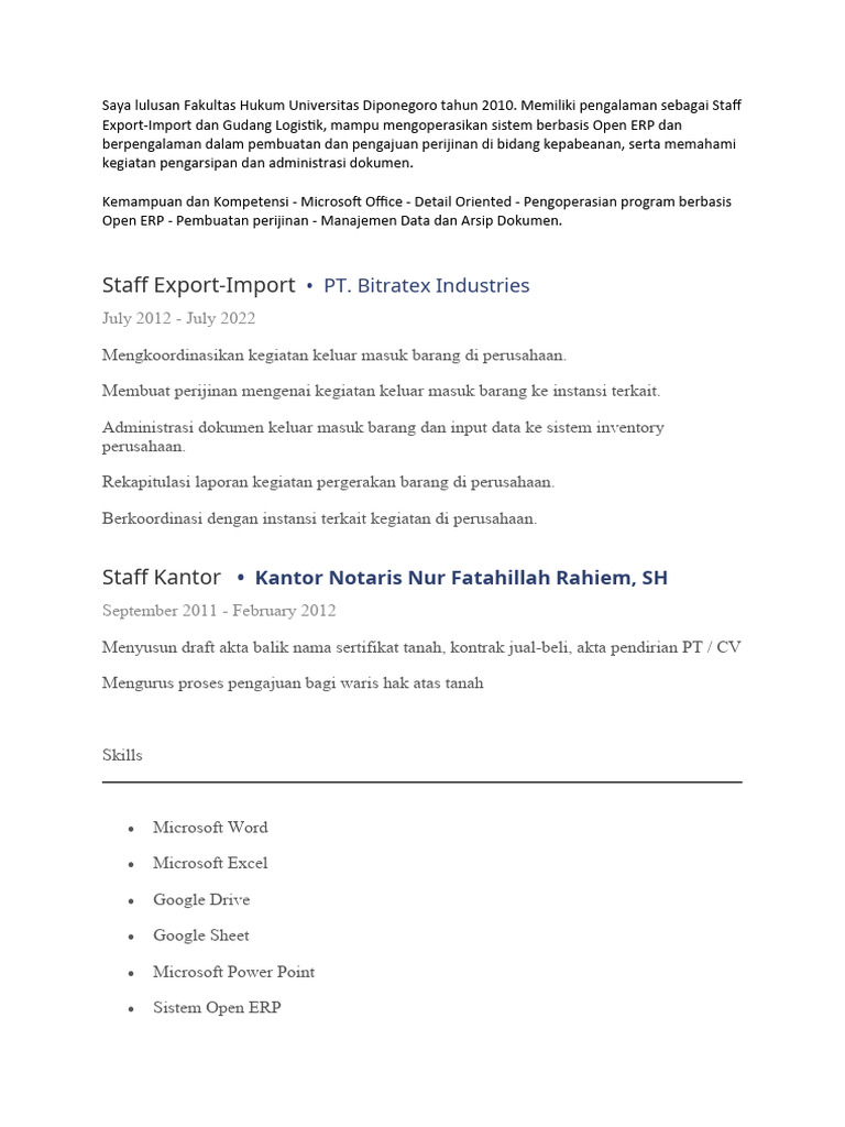CV ATS Friendly untuk Staff Ekspor-Impor | PDF | Bisnis