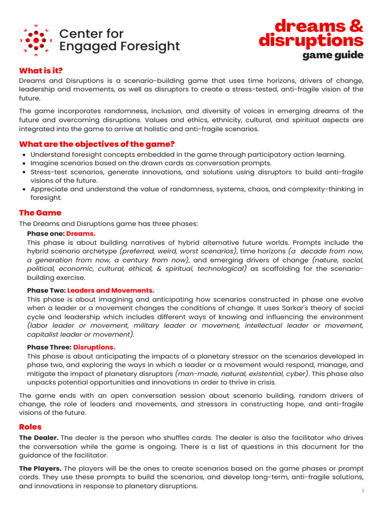 Dreams and Disruptions - Game Guide | PDF | Leadership | Scenario Planning