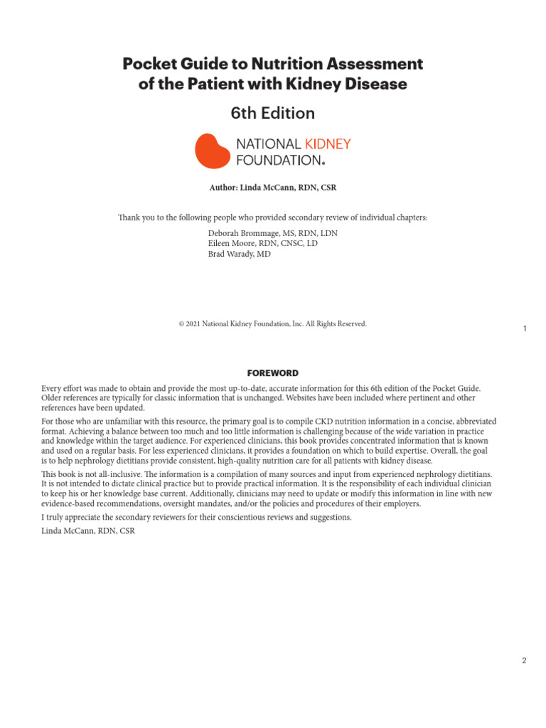 Pocket Guide To Nutrition Assessment of The Patient With Kidney Disease ...