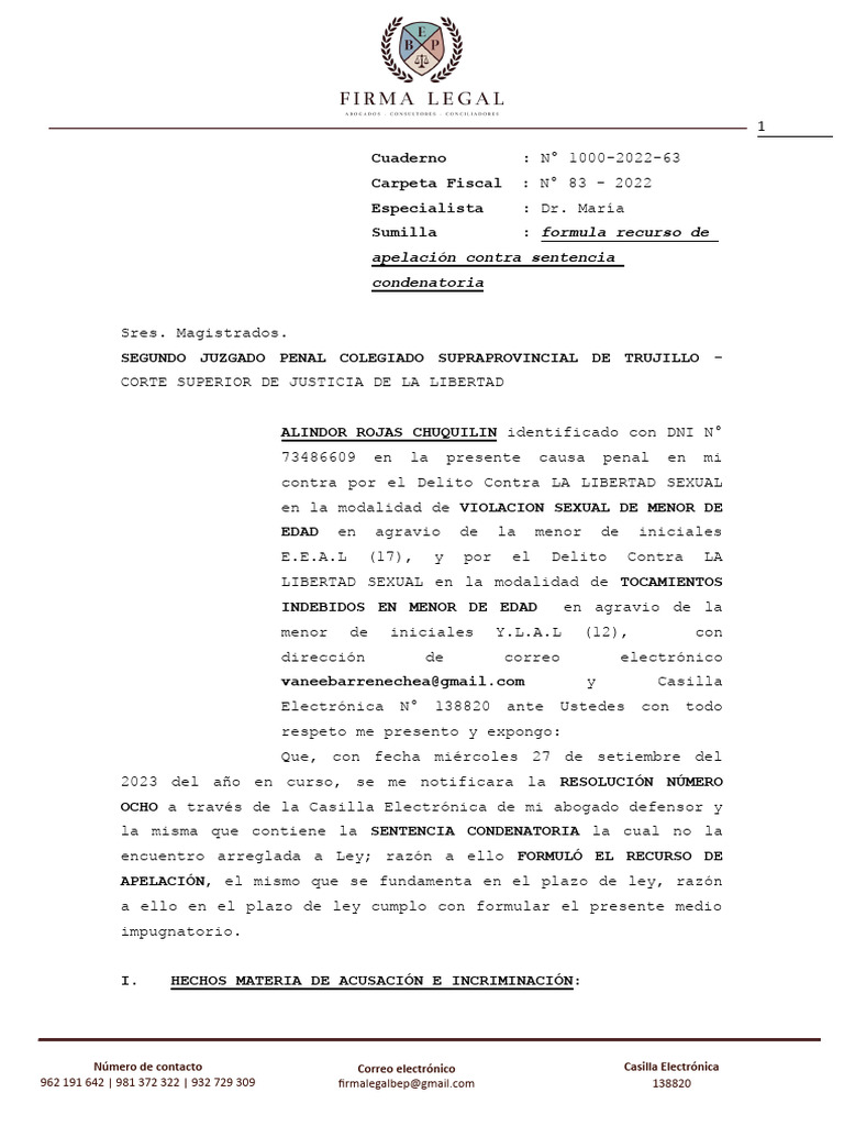 Apelacion de Sentencia Condenatoria | PDF | Sentencia (ley) | Violación