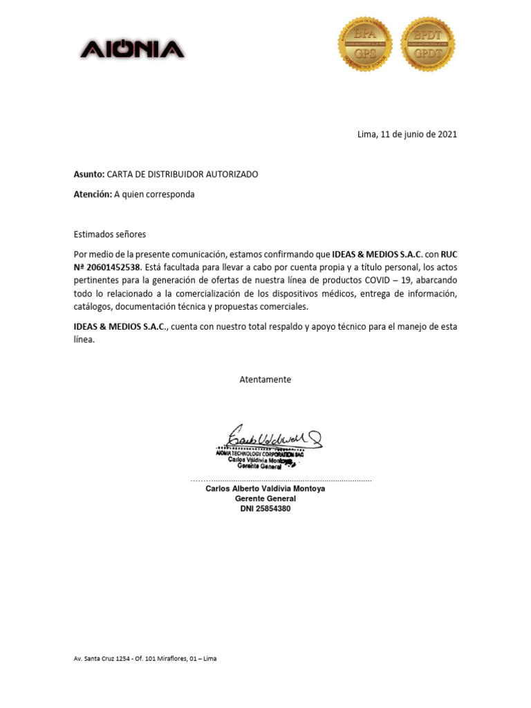 Carta de Distribuidor Autorizado AIONIA | PDF Carta de Distribuidor Autorizado AIONIA | PDF